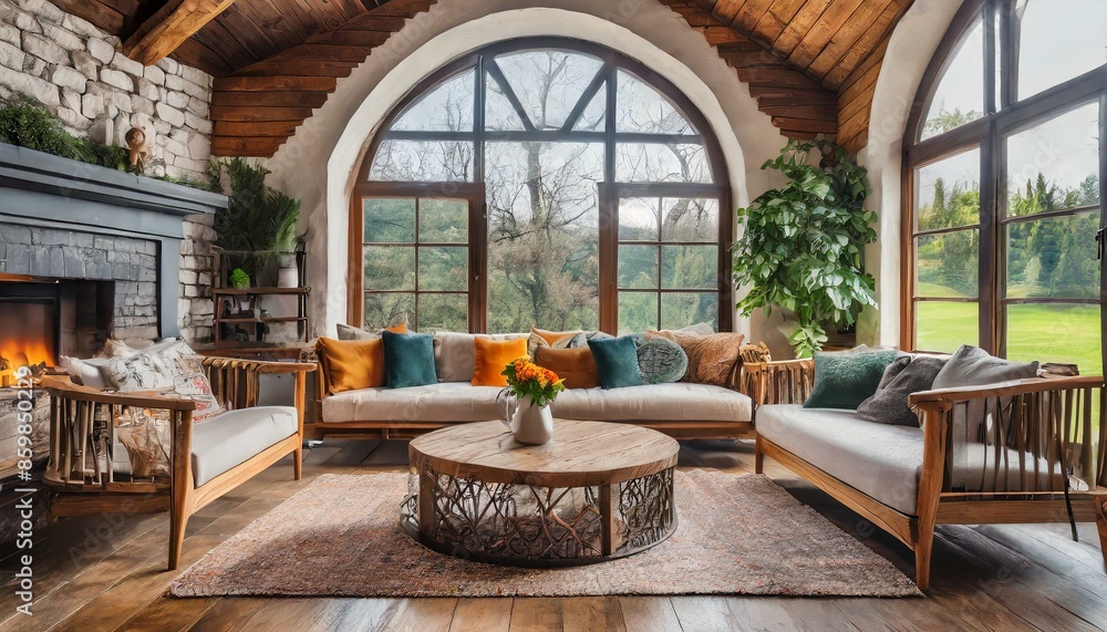 Wooden accent ellipse coffee table between two sofas against fireplace ...