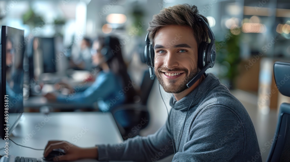 Professional male support operator with headset working at call center ...