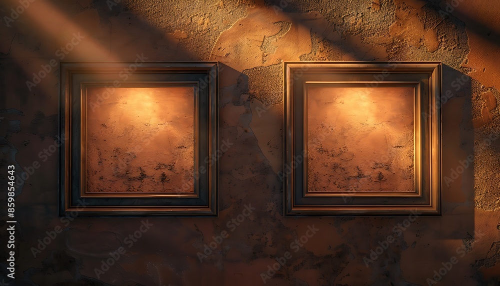 Two empty square frames side by side on a terracotta wall, each frame ...