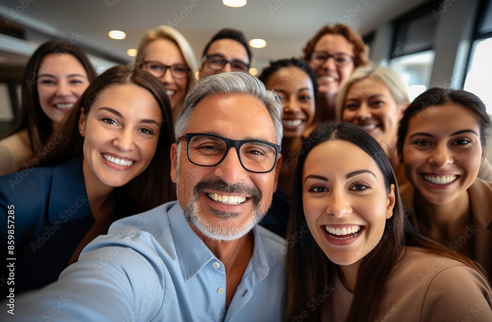 Smiling and diverse office team taking a selfie, showcasing unity among ...