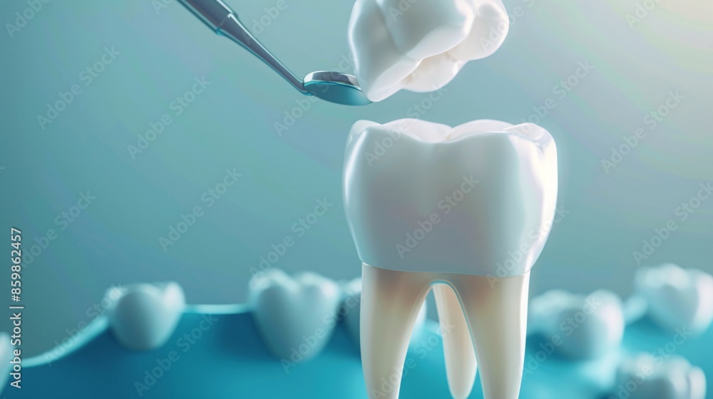 Illustration of a tooth with a dental crown being applied, highly ...