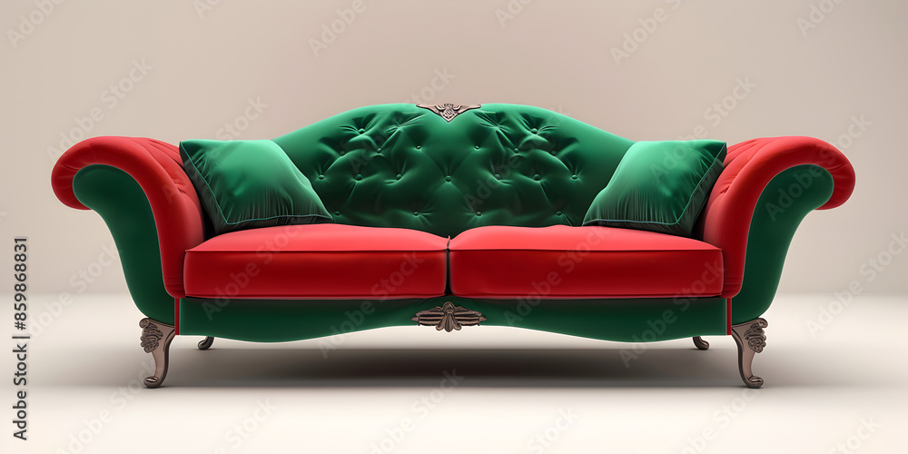 Luxury red and green sofa in classic interior with white walls. 3d ...