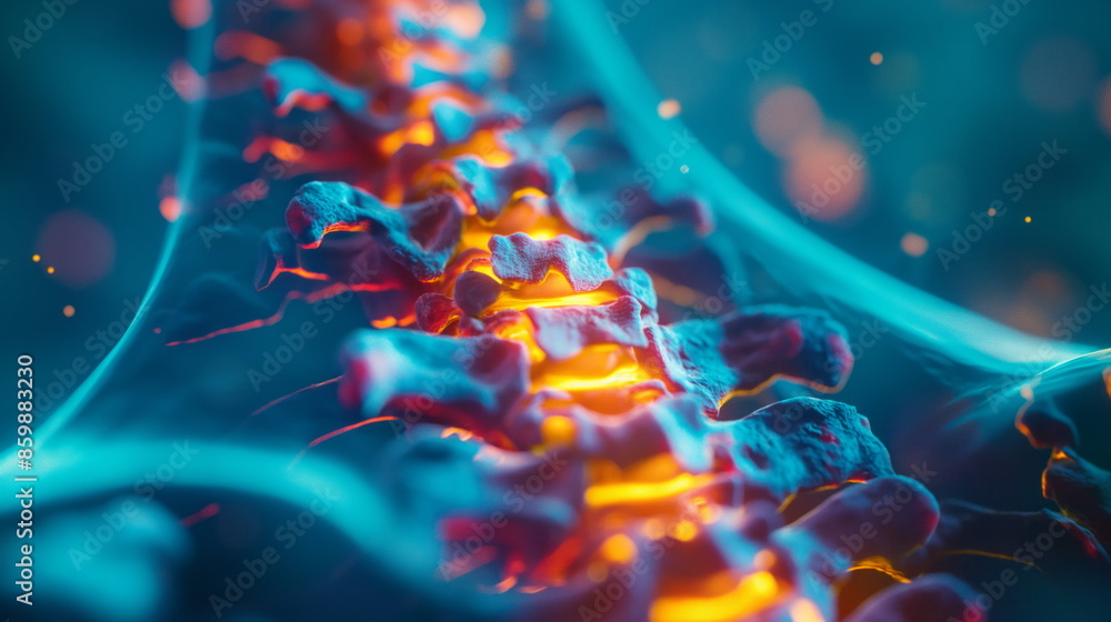 Neck spine is highlighted by yellow red colour. Human spine in x-ray on ...