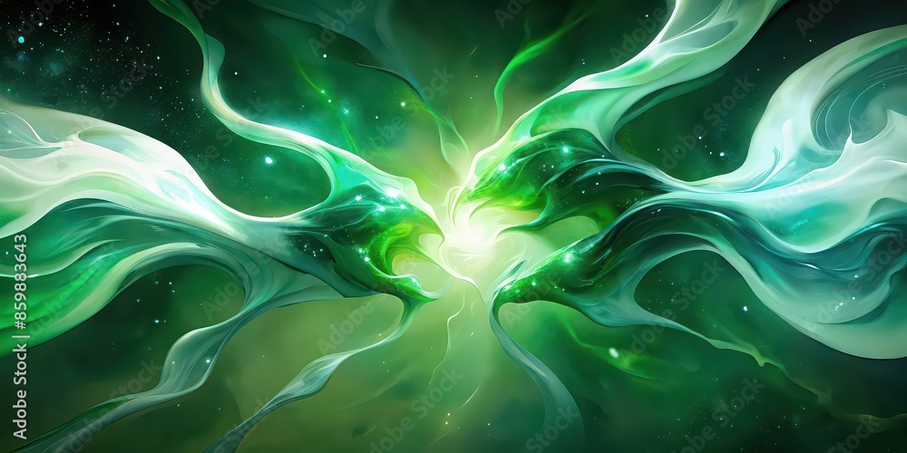 Abstract painting of green and white liquid merging and intertwining ...