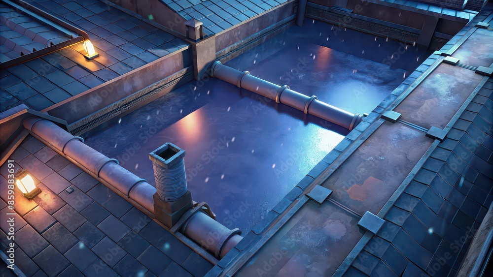 Top view of a polymer storm drainage system on the roof of a private ...