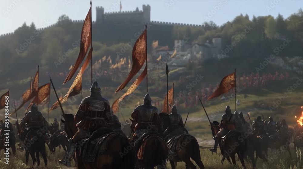 A line of armored cavalry charges towards a medieval castle in the ...