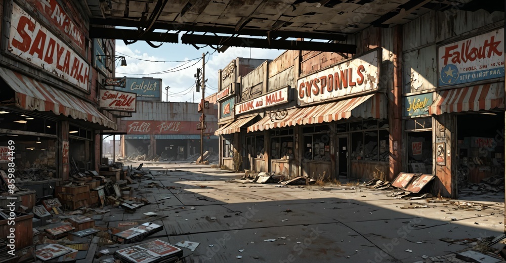 abandoned city town strip mall buildings in empty lot. dystopian post ...