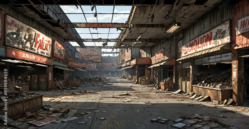 abandoned city town strip mall buildings in empty lot. dystopian post ...