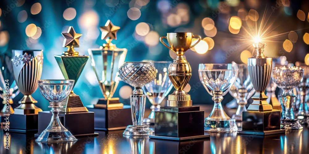 Shimmering display of crystal trophies on a table , achievement, awards ...