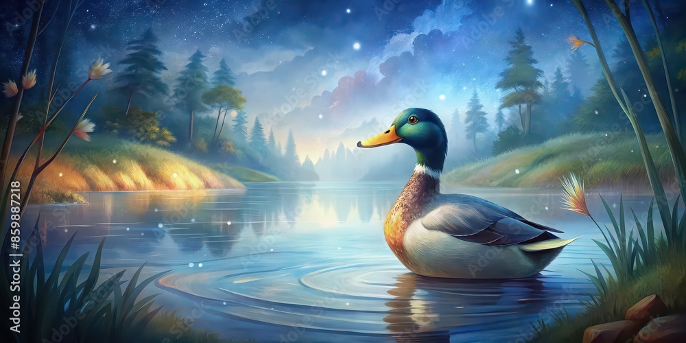 Watercolor clipart of a majestic Mallard duck in a serene pond setting ...