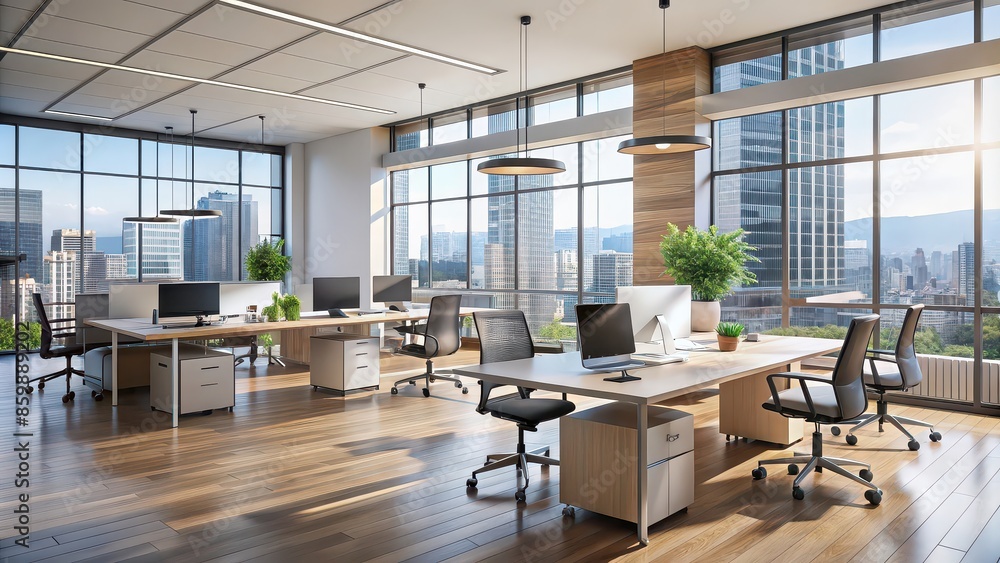 Organizational behavior concept illustrated through empty office space ...