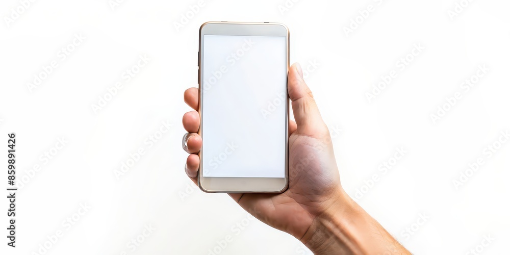 Hand holding mobile phone with blank white screen on white background ...