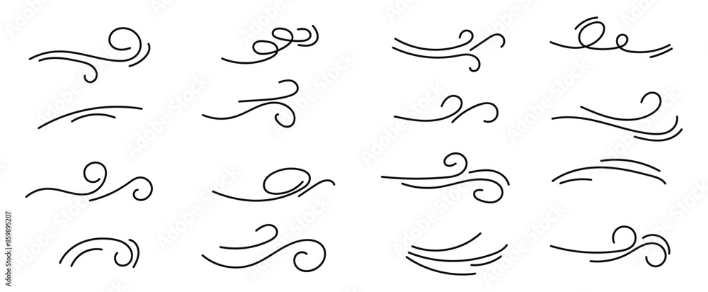 Doodle wind line sketch set. Hand drawn doodle wind motion, air blow ...