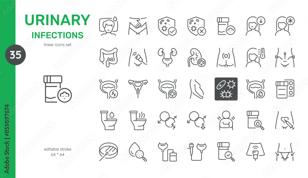 Urinary Infections Vector Icons Set. Symptoms, Diagnosis, Treatment ...