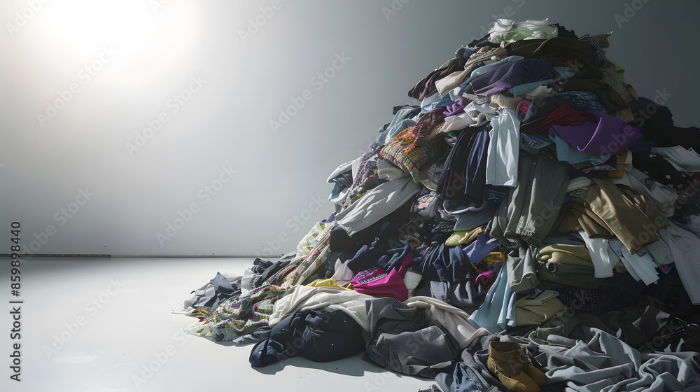 large pile stack of textile fabric clothes and shoes concept of ...