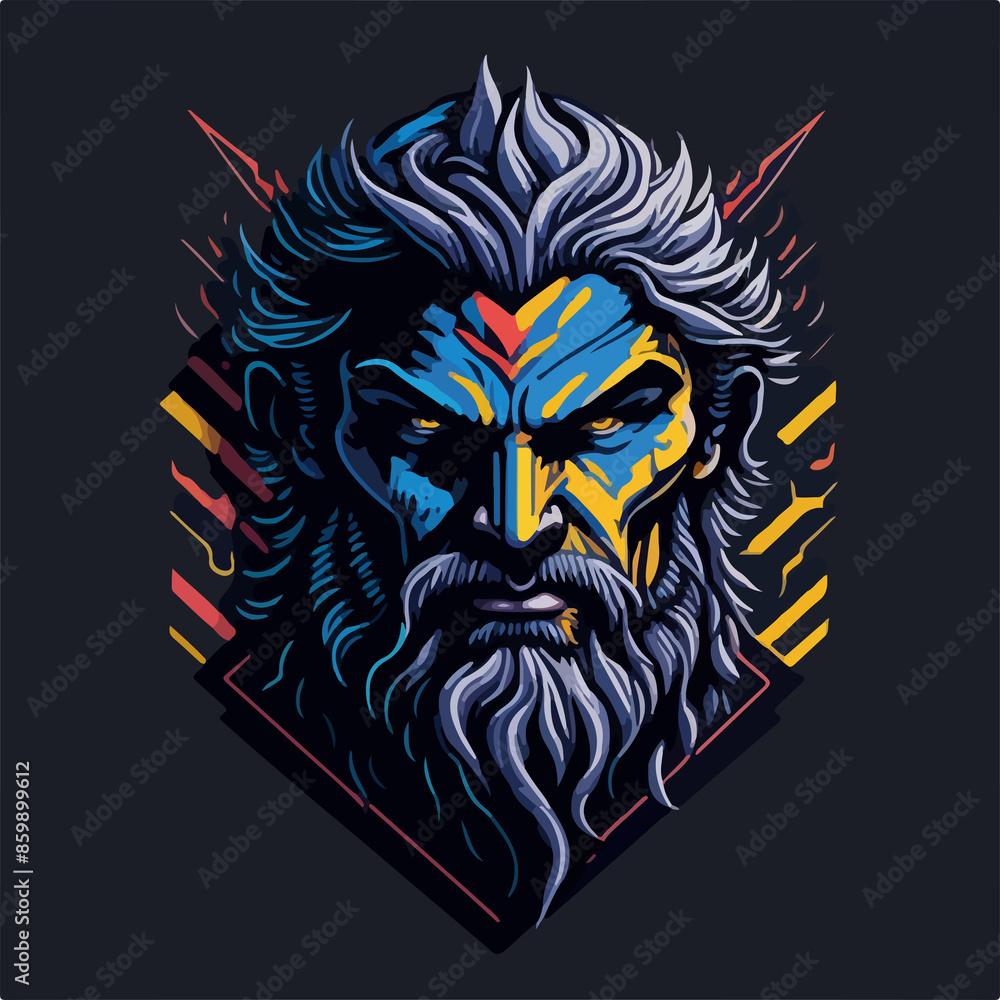 A fierce Viking warrior, clad in battle-worn armor, stands proudly with ...