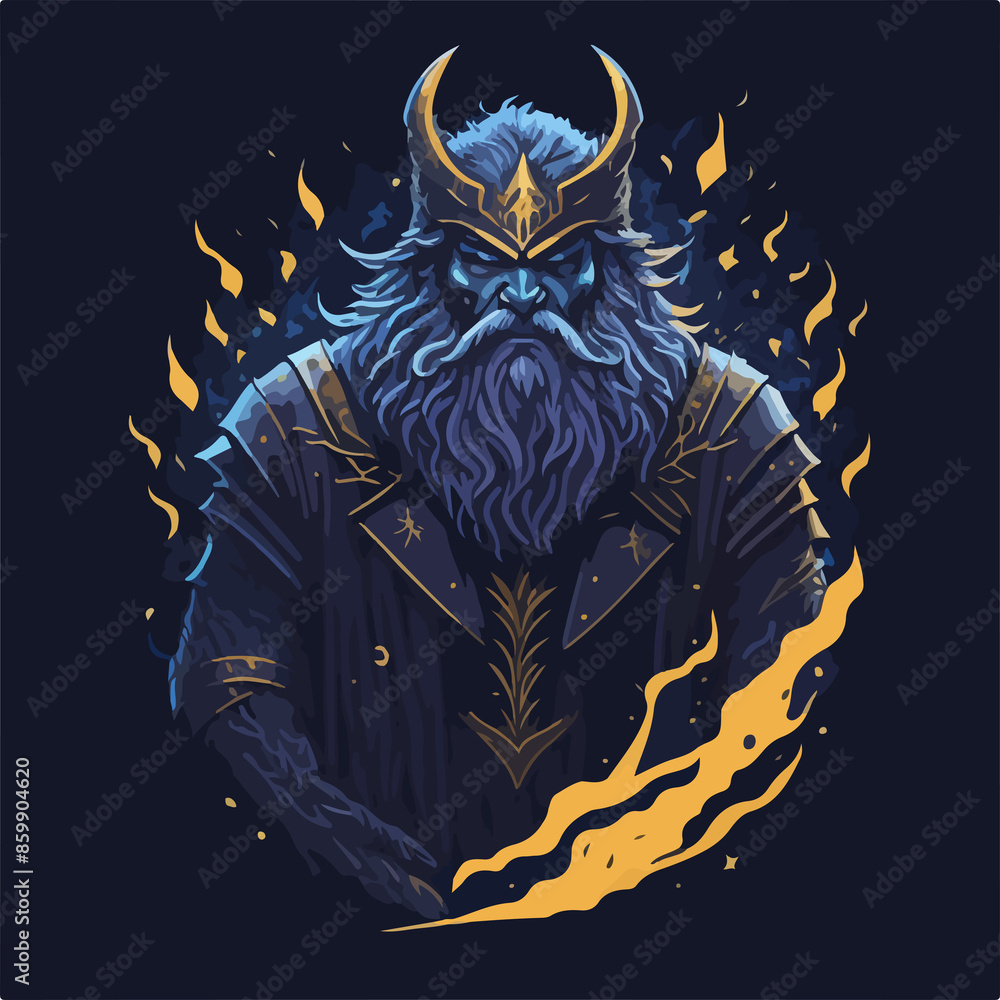 A fierce Viking warrior, clad in battle-worn armor, stands proudly with ...