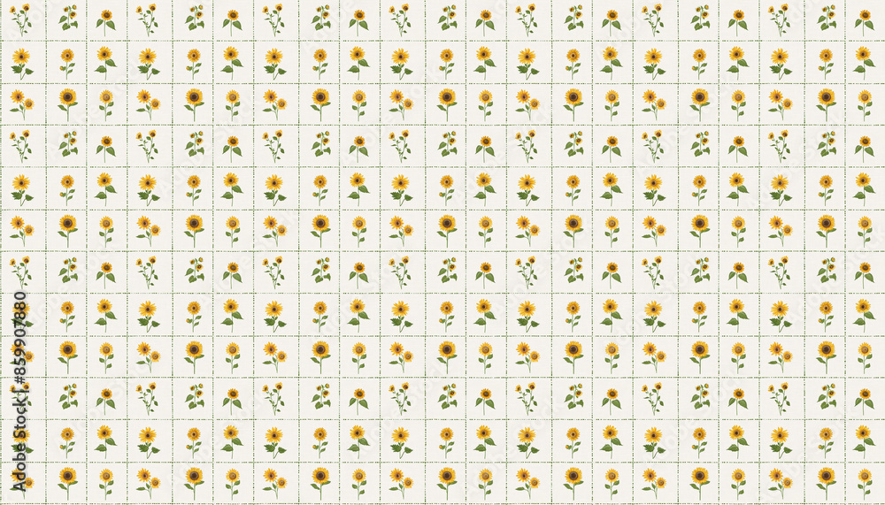 A pattern that features small flowers in grids in light colors on white ...