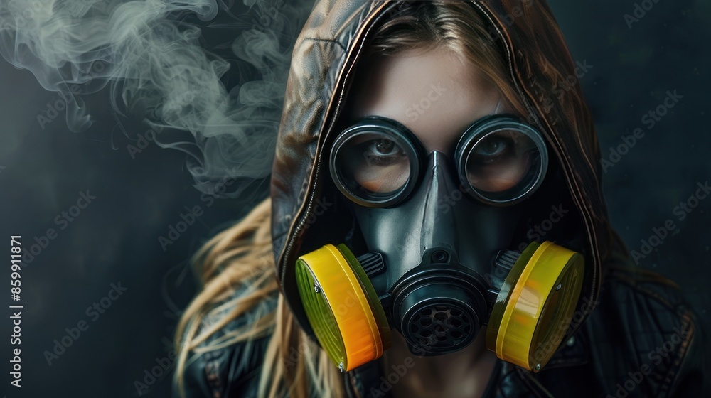 Woman style in a respirator gas mask curses the hood Background ...