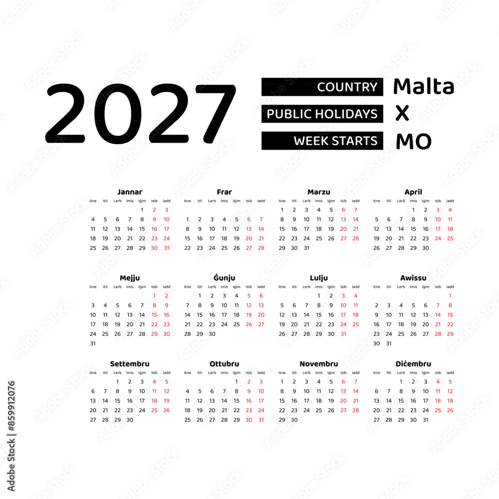Calendar 2027 Maltese language with Malta public holidays. Week starts ...