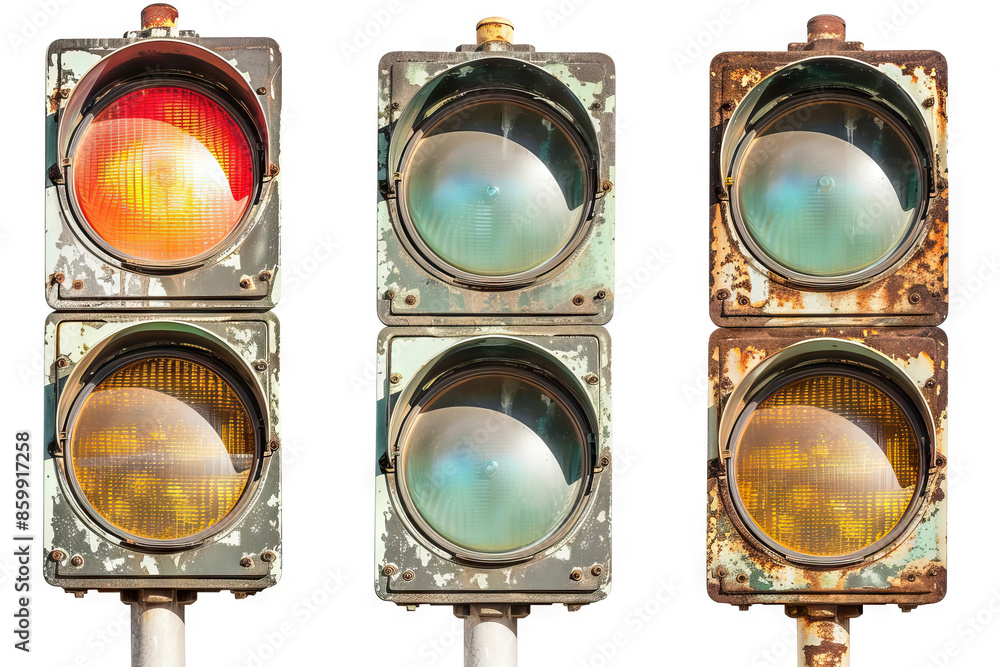 Vintage traffic lights showing different colors in a sequential order ...
