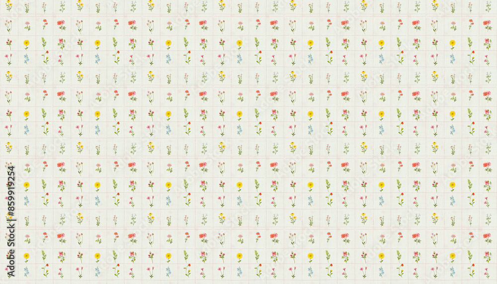 A pattern that features small flowers in grids in light colors on white ...