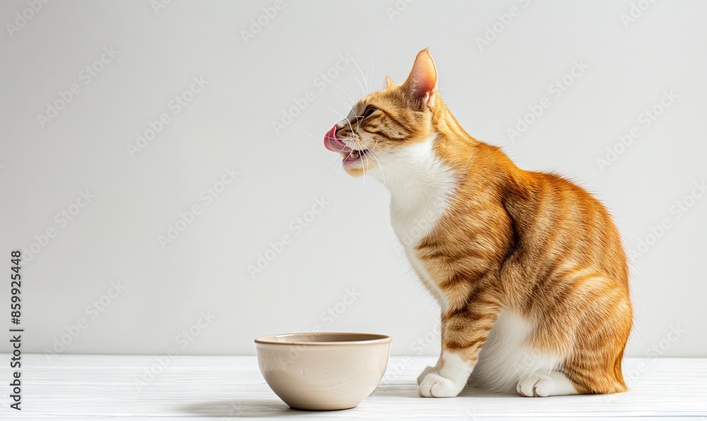 White background, white floor, side view of an Cheetoh cat sitting at ...