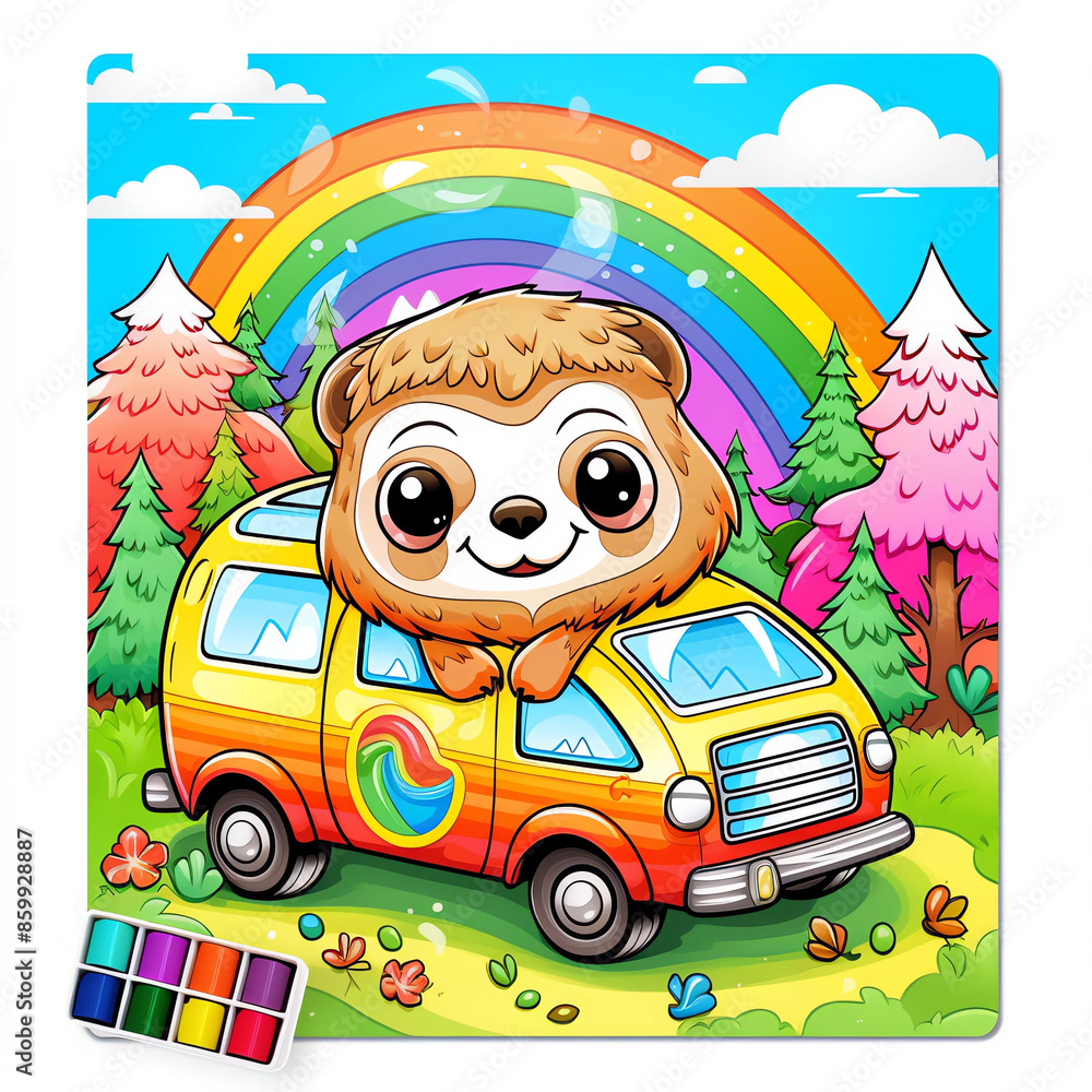 coloring page for kids, cute sloth driving a van with a rainbow behind ...