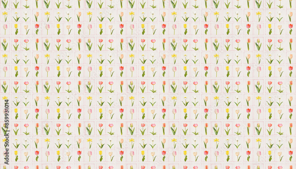 A pattern that features small flowers in grids in light colors on white ...