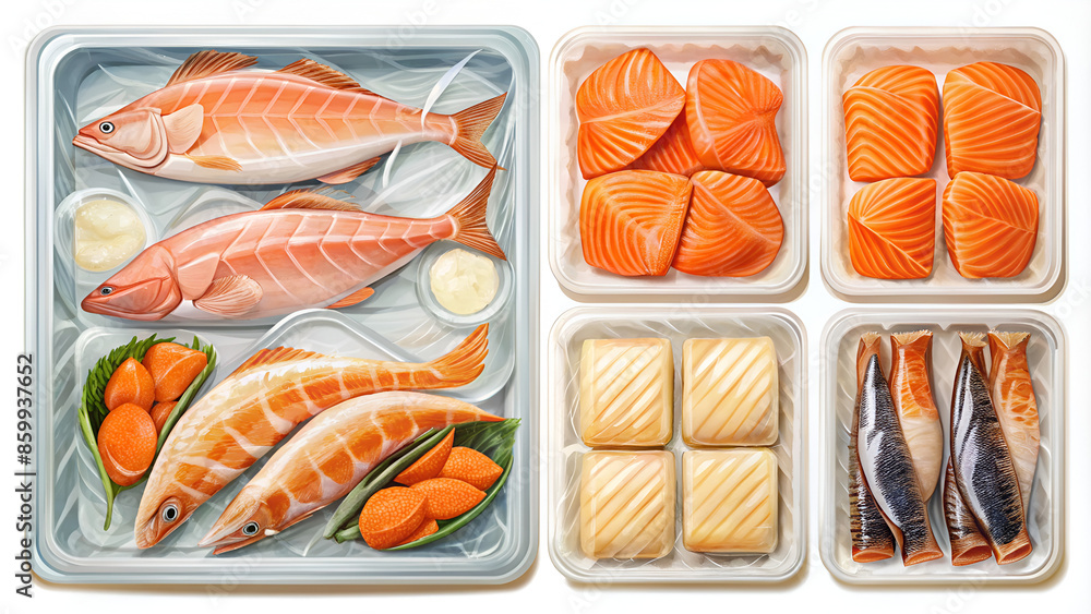 Seafood packages set isolated on white background. Vector cartoon ...