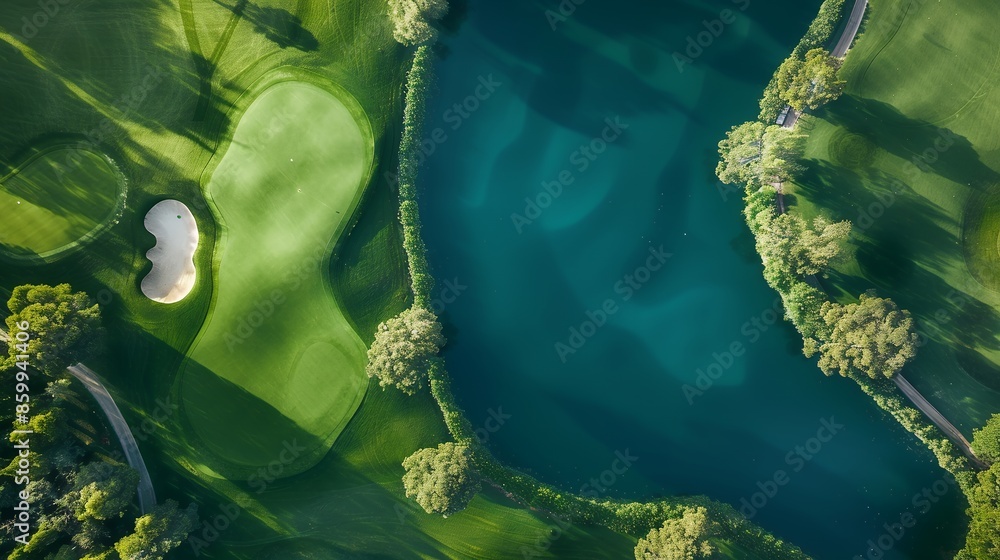 Aerial view of a golf course with beautiful green grass and sandy areas ...
