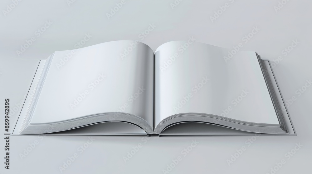 A photorealistic mockup of a blank magazine spread featuring two facing ...