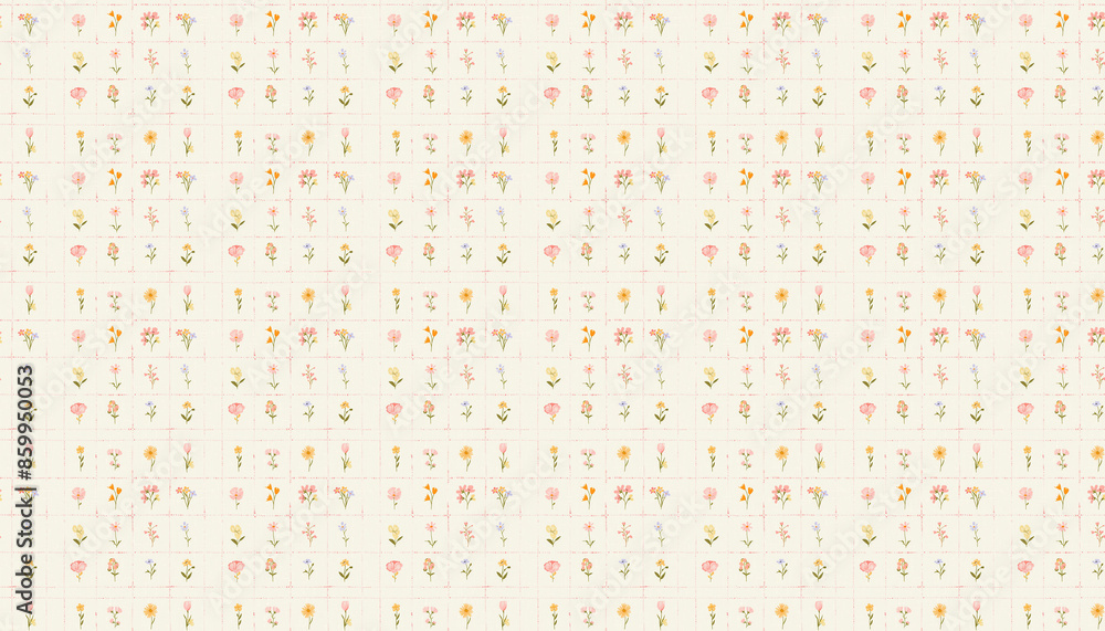A pattern that features small flowers in grids in pastel colors on ...