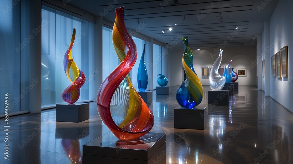 Sculpture Art Museum, glass sculptures with colorful curves on display ...