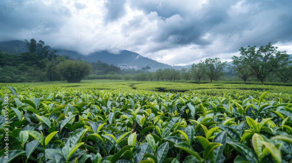 Background image of fog enveloped tea plantation hills at dawn. Tea ...