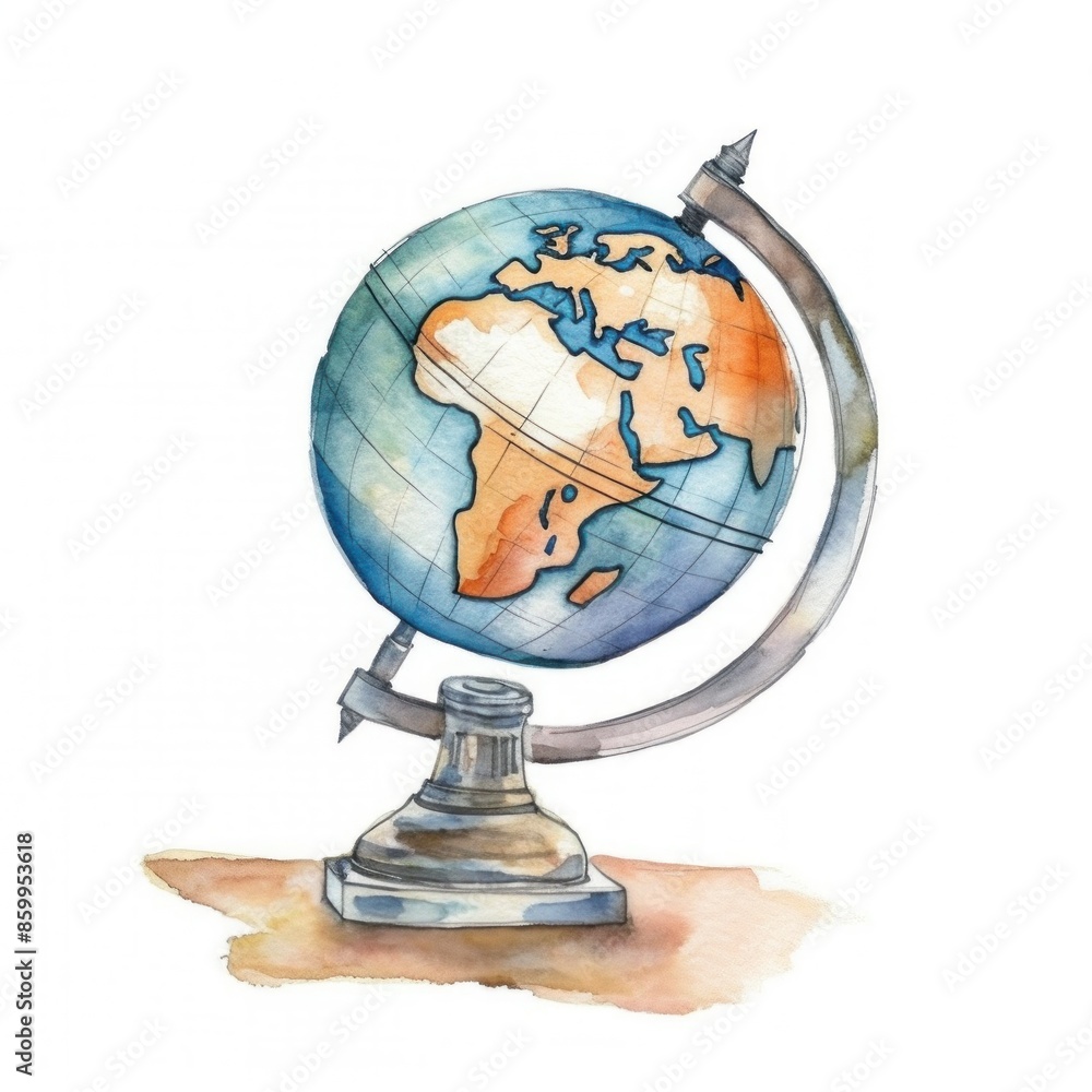 Colorful blue and green terrestrial globe on black base. One single ...