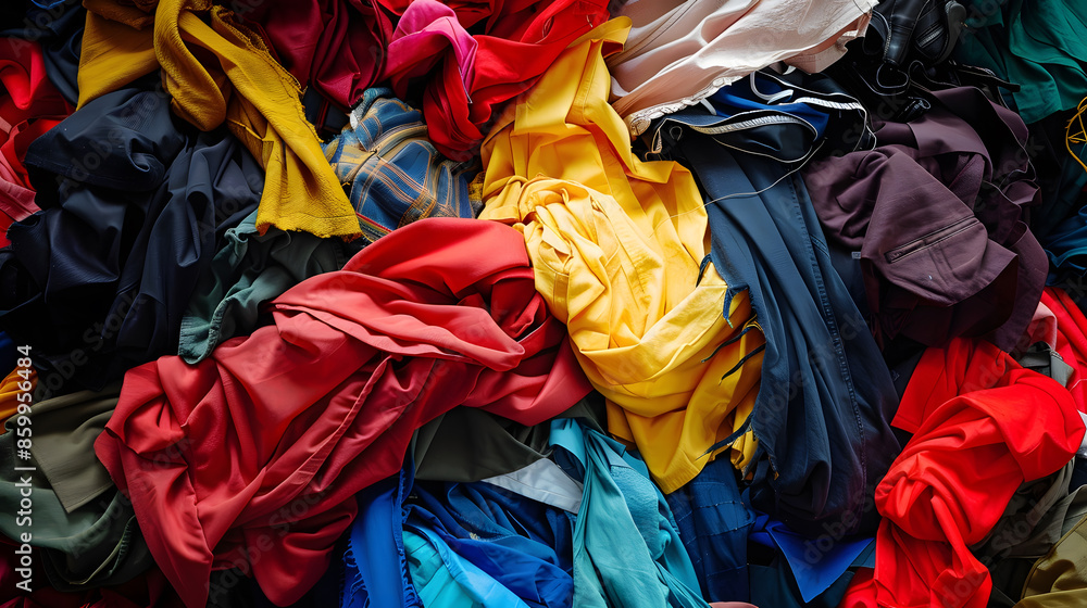 large pile stack of textile fabric clothes and shoes concept of ...