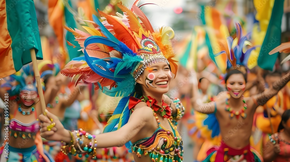 Sinulog festival dancer woman wearing traditional costume in parade ...