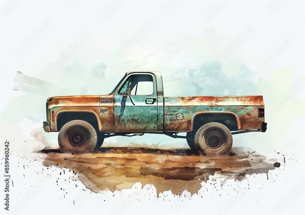 Vintage Rusty Pickup Truck Watercolor Illustration for Rural Nostalgia ...