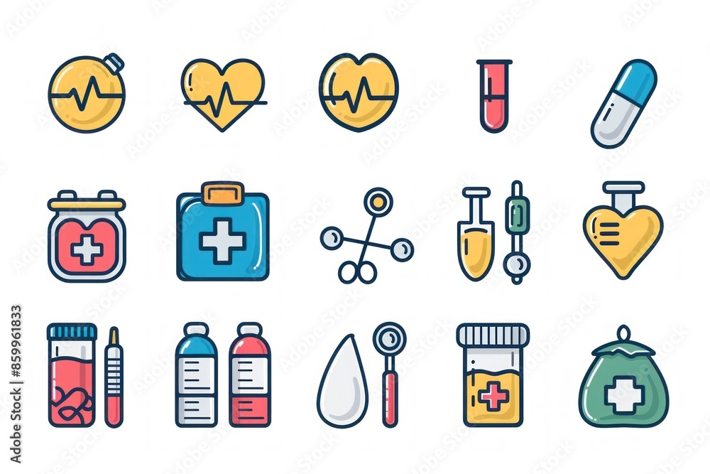 A collection of 2D medical icons depicting hospitals, health checkups ...