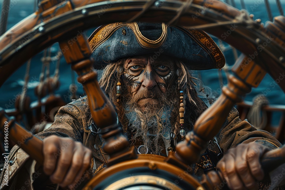 A charismatic sailor in a leather hat on the deck of his pirate ship ...