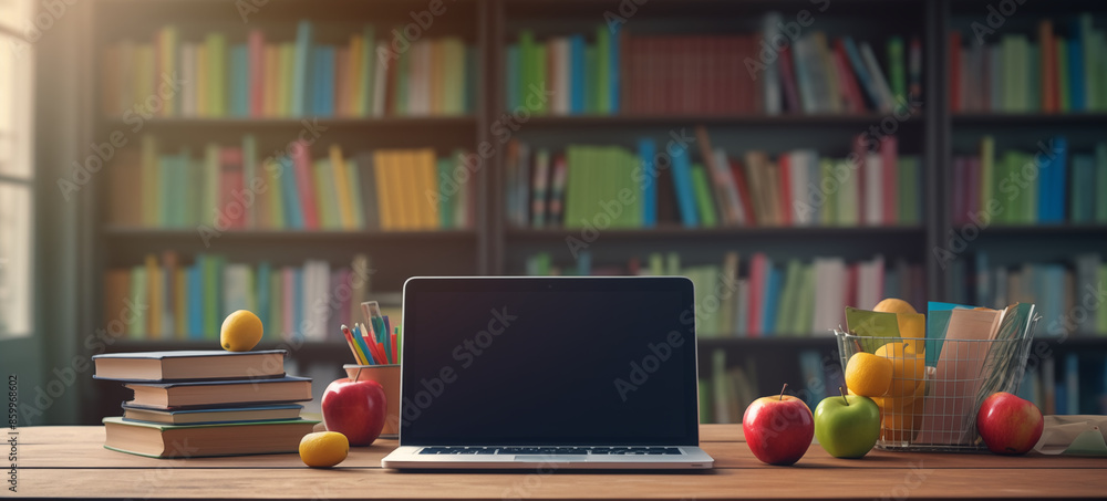 A teacher's desk with a laptop displaying an educational app textbooks ...
