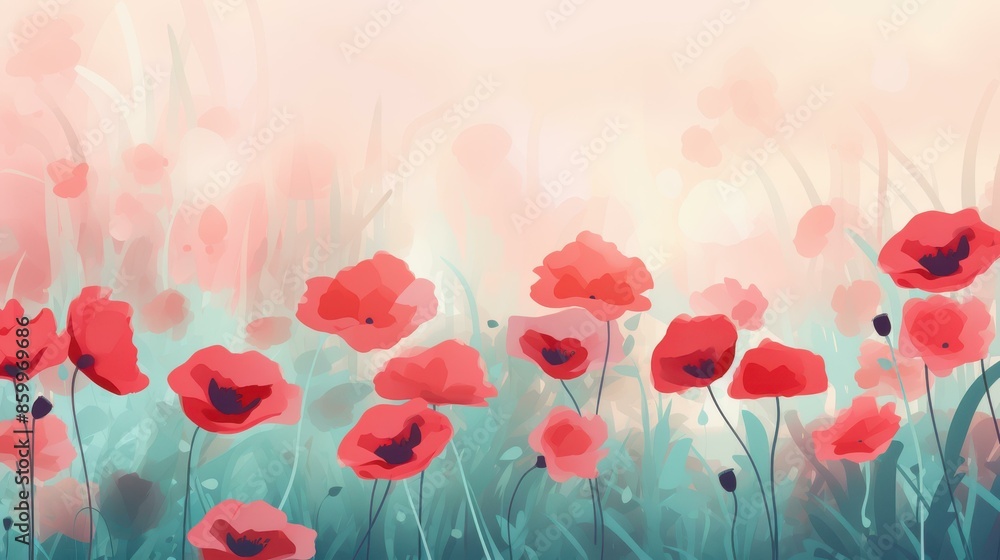 Anzac Day tribute with bright red poppies on a field background. Stock ...