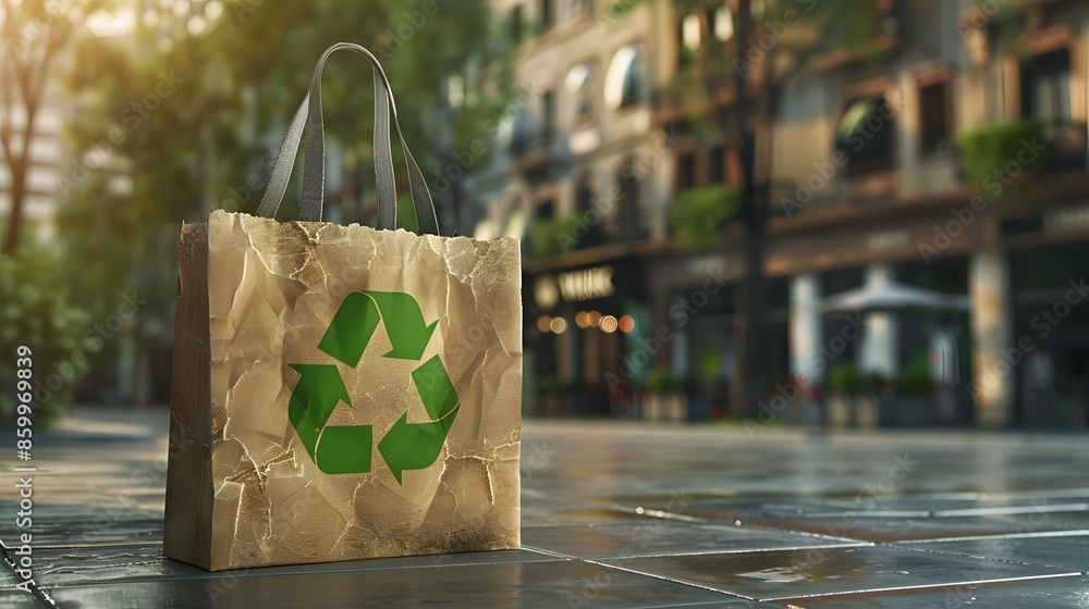 Conceptual design of a recyclable paper bag featuring a green recycle ...