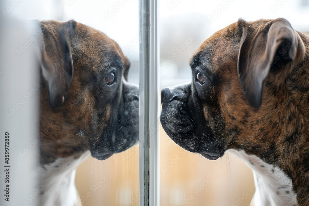A brown brindle boxer dog looking at his reflection in the mirror of an ...