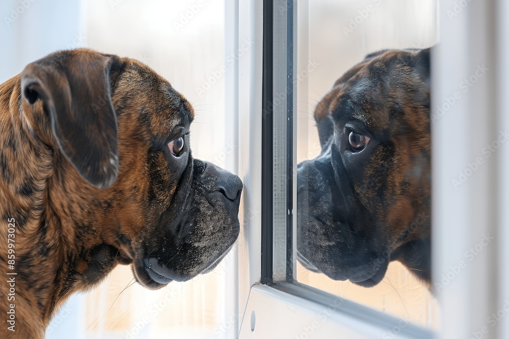 A brown brindle boxer dog looking at his reflection in the mirror of an ...