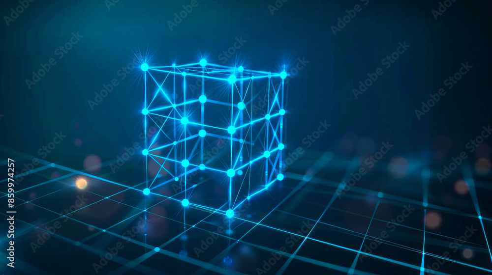 Futuristic digital cube structure with glowing blue connections on a ...