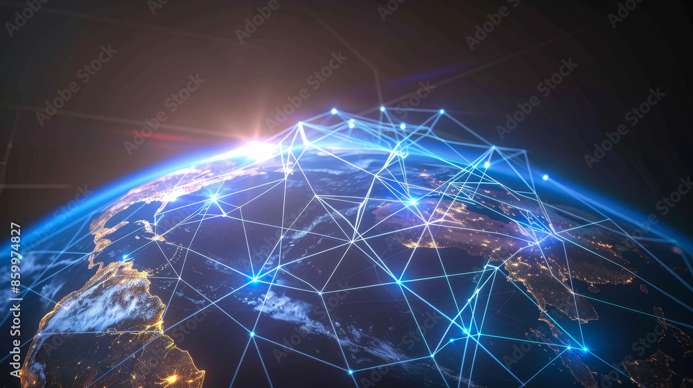 Global network connection concept with glowing nodes and data paths ...