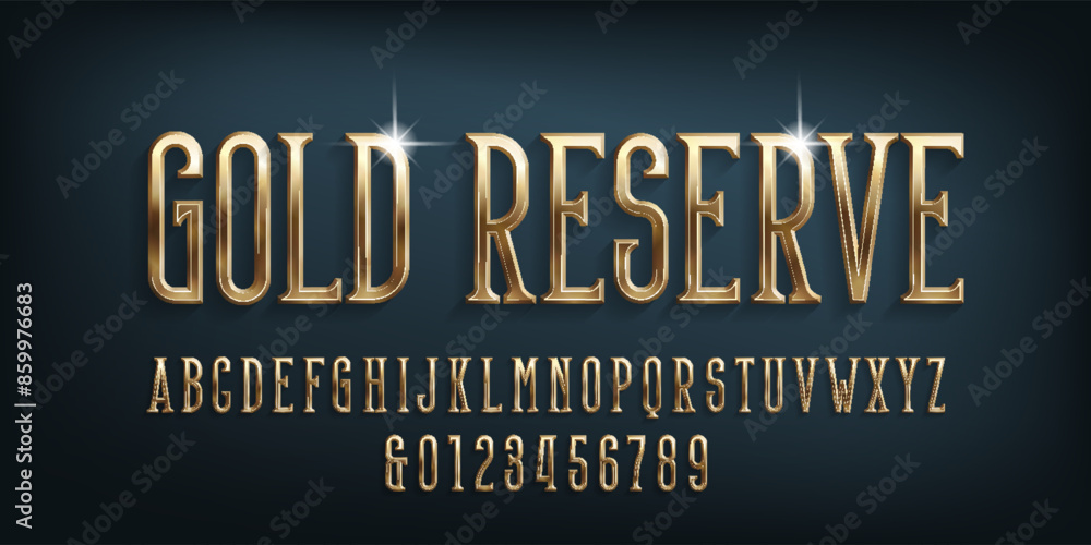 Gold Reserve alphabet font. 3d golden letters and numbers. Stock vector ...