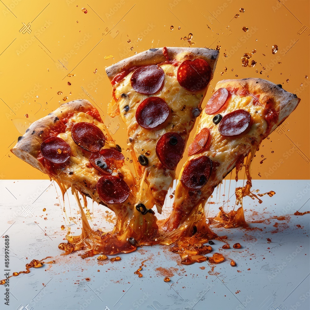 three standart triangle slices pizza with pepperoni and viscous cheese ...